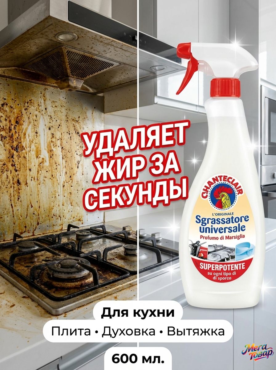 Антижир для кухни Chanteclair Sgrassatore Universale 600 мл, средство от жира, очиститель плиты и духовки, спрей с ароматом Марсель