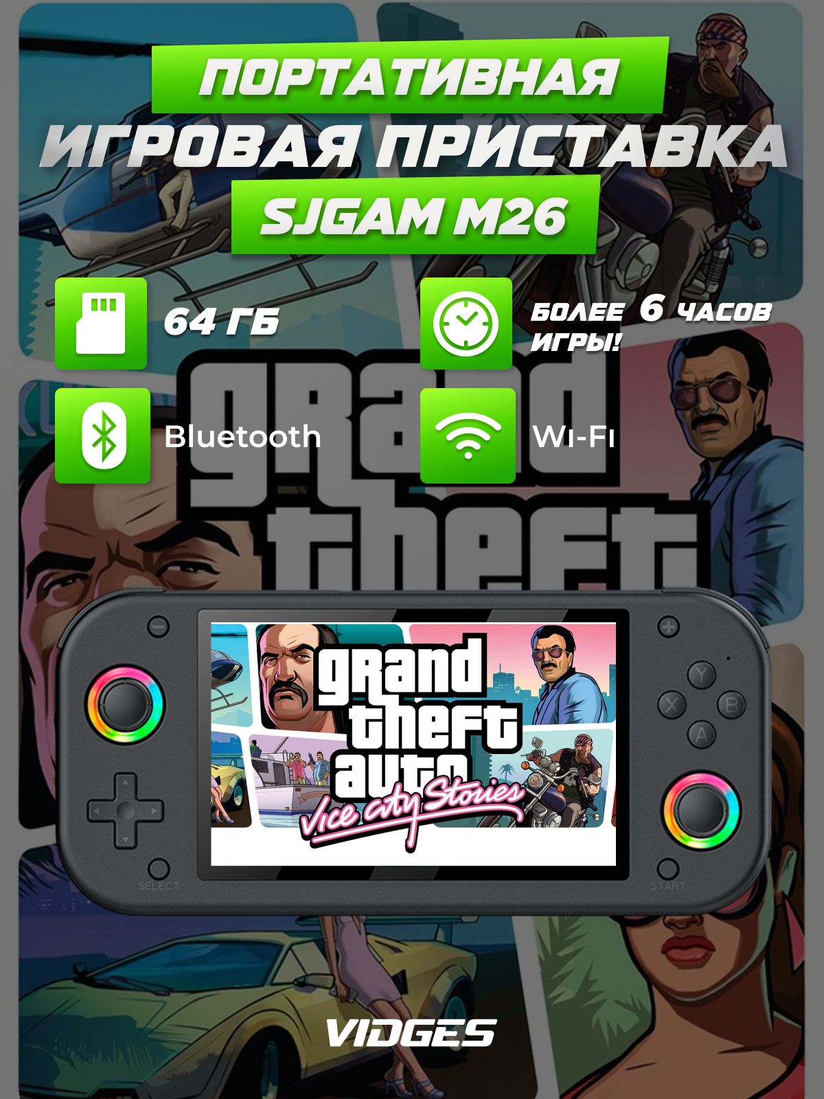 Портативная игровая приставка VIDGES SJGAM M26 для игр PSP, PS1, DreamCast, N64, NDS, NES 64 GB
