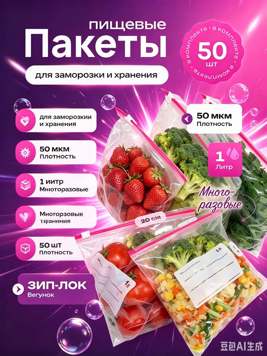 Пакеты для заморозки 20 на 18 см, 50 шт, 50 мкм