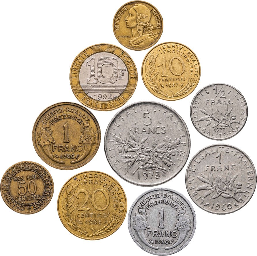 Франция набор из 10 монет 5, 10, 20, 50 сантимов, 1/2, 1, 5, 10 франков 1923-1992, Различные сплавы, в сохранности VF-AU