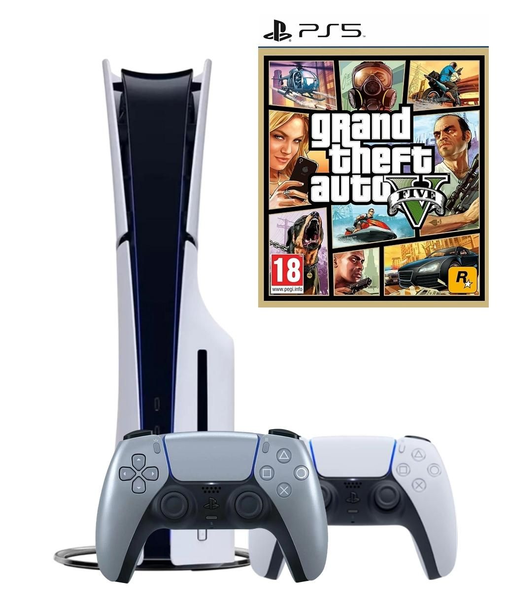 Игровая приставка Sony PlayStation 5 Slim + 2й геймпад серебристый + игра GTA5