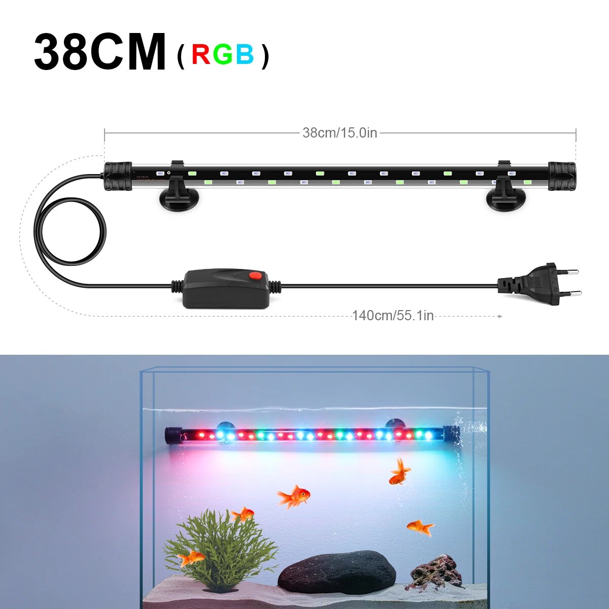 Подводный светодиодный светильник для аквариума RGB EU Plug, 38CM RGB Light