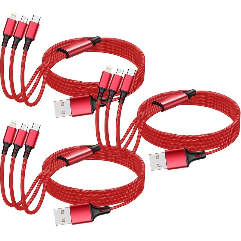 Набор из трех красных USB кабелей 3 в 1 для быстрой зарядки, гибкие и прочные, длина 120 см