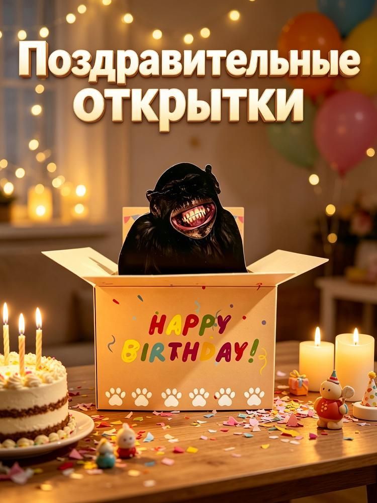 Объемная открытка на день рождения с фигуркой обезьянки, из картона, 10х9 см