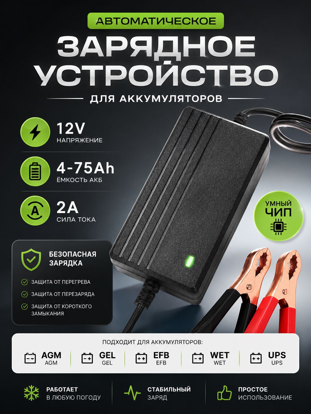 Зарядное устройство CHOPPER для аккумулятора автомобиля, мотоцикла 12В 2А для запуска автомобиля и зарядки аккумулятора,