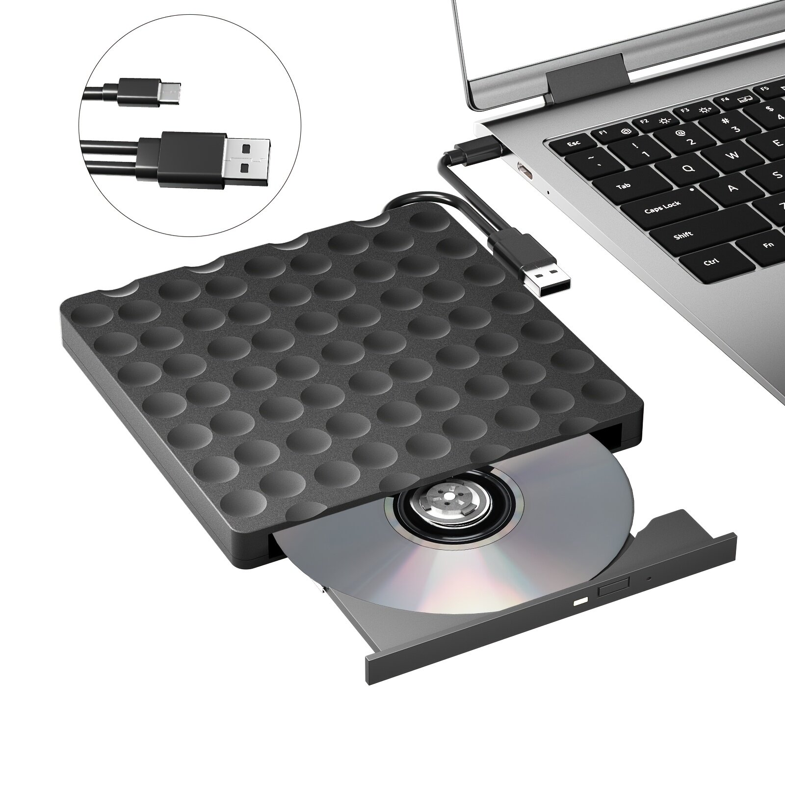 Внешний привод CD/DVD для ноутбука и ПК, интерфейс USB 3.0 и Type-C, портативный рекордер толщиной 13 мм с кабелем USB-C, поддержка записи CD/DVD+/-RW, черный