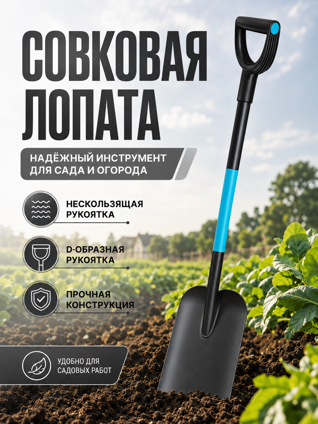 Лопата садовая вместительная, противоскользящая D-ручка, стандартный размер, подходит для копки, погрузки грунта