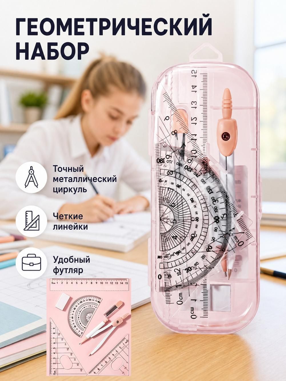 Набор для черчения 7 предметов с циркулем и линейками, геометрический набор для школы в пенале