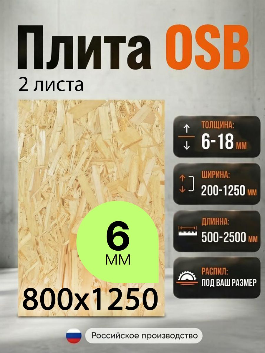 ОСП (OSB 3) плита влагостойкая ориентированно-стружечная 2 листа 6мм 800х1250 мм