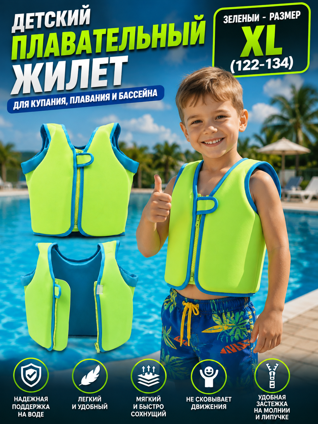(Зеленый - размер XL) Детский плавательный жилет для купания плавания и бассейна ( 122-134)