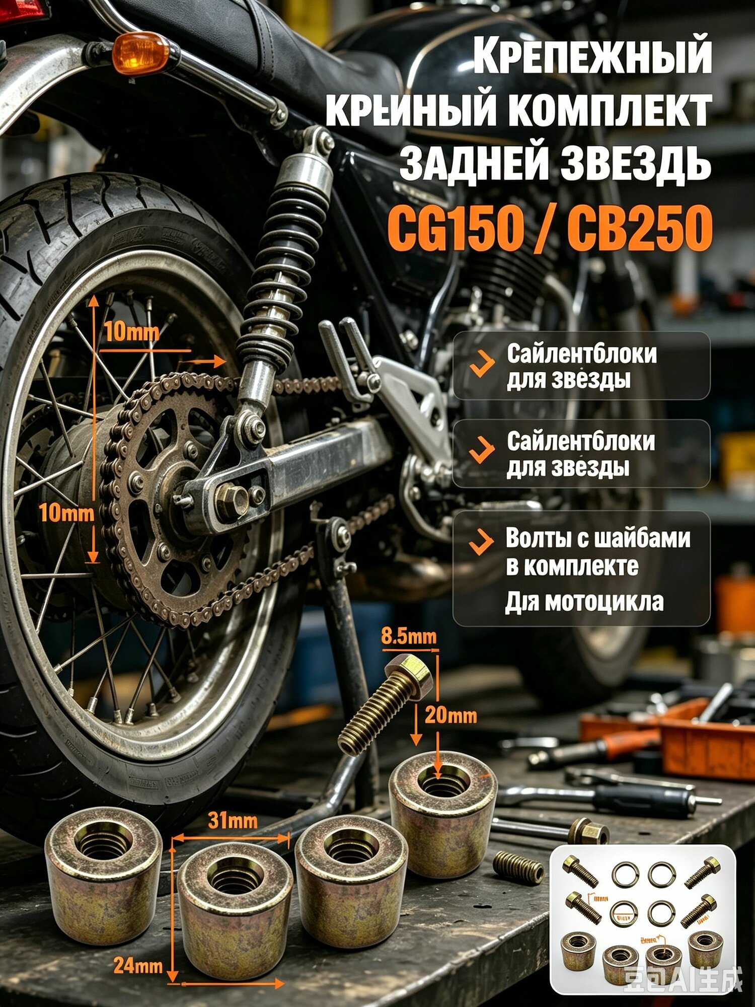 Комплект для крепления заднего цепного колеса мотоцикла, включающий бесшумные амортизирующие элементы и шайбы для болтов, подходит для моделей CG150 и CB250.