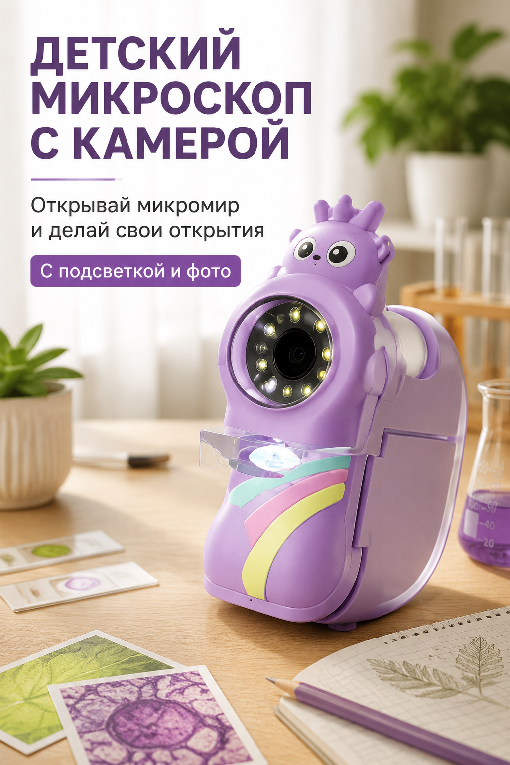 Детский цифровой микроскоп с камерой и подсветкой, фиолетовый