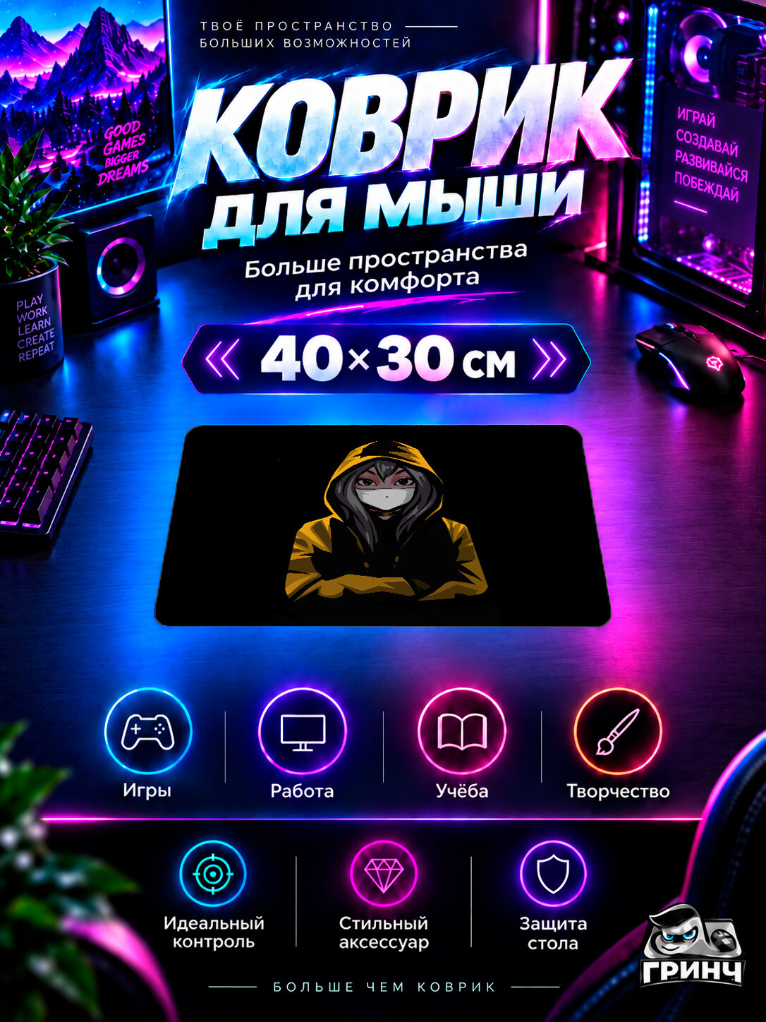 Игровой коврик для мыши 40×30 см — Original Anime / Оригинальный аниме-арт — Anime Girl Mask Minimal