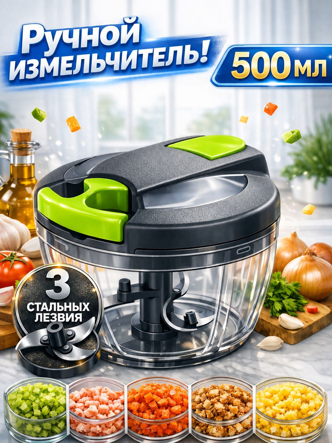 Ручной измельчитель продуктов, механический чоппер с острыми ножами из нержавеющей стали, измельчитель для лука, чеснока, овощей, мяса, зелени