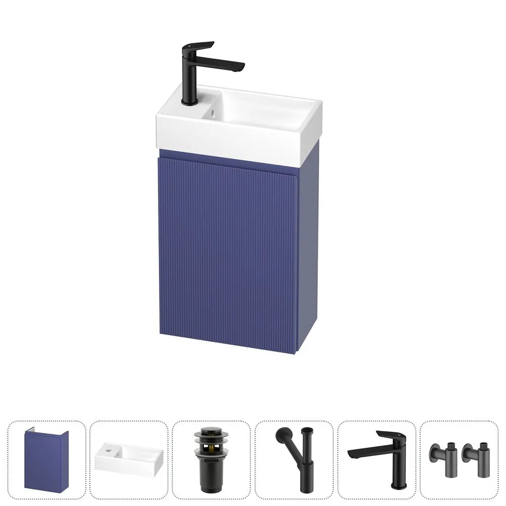 Подвесная тумба с раковиной в ванную Wellsee WC Area 20216899R в наборе 6 в 1: узкая тумба 40 см (матовый синий), раковина, донный клапан, сифон, смеситель, вентили (цвет набора черный)