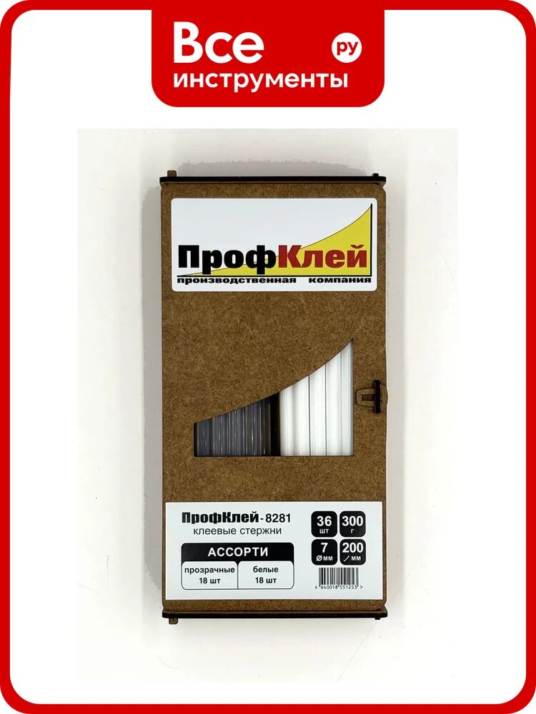 Клеевые стержни ПрофКлей 8281 ассорти (прозрачные + белые), 7х200 мм, 36 шт, 300 г RU.8281. TW