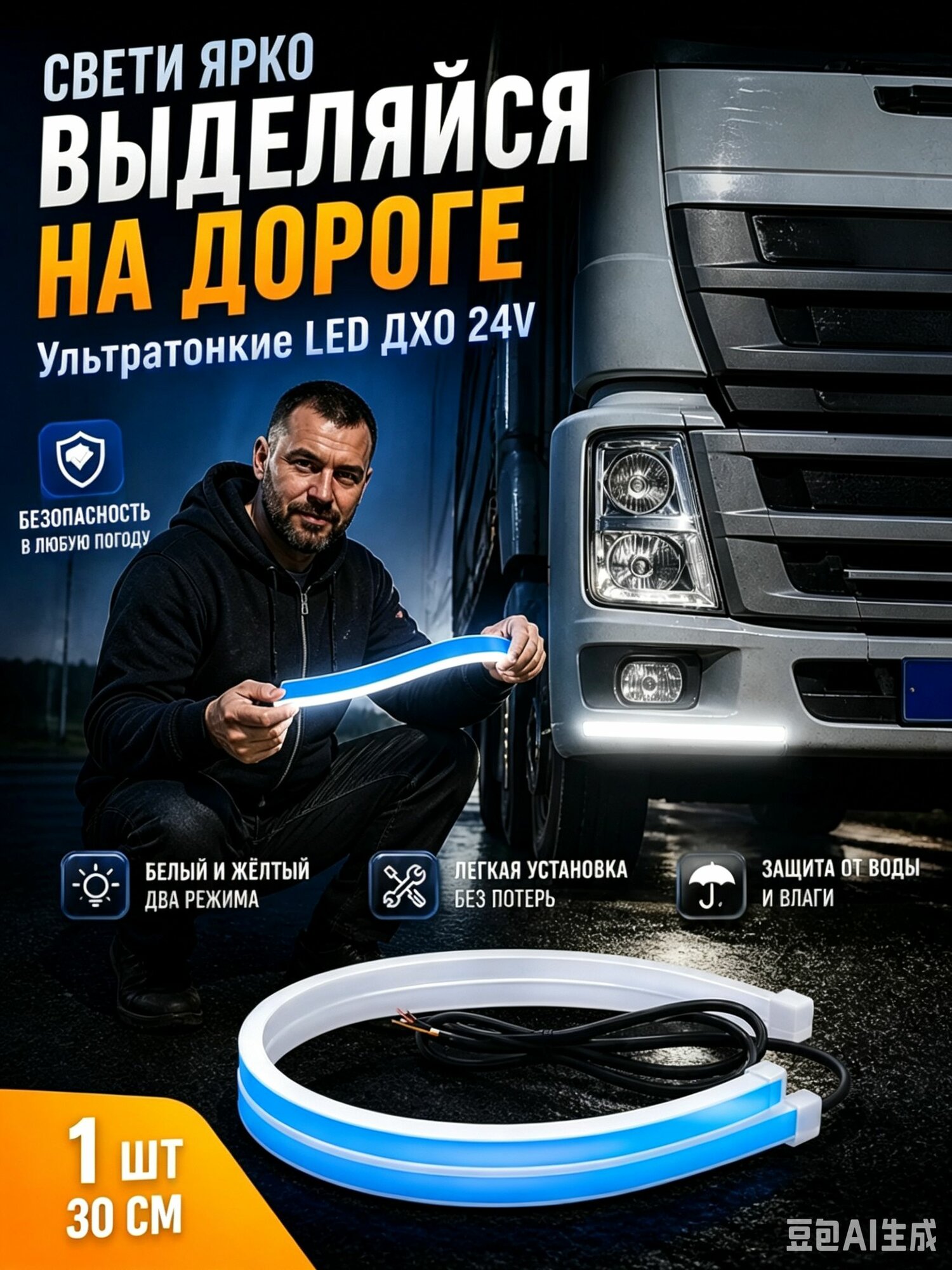 Фара автомобильная, Огни дневные ходовые, 2 шт, арт. Только 24V Светодиодная лента ДХО для грузовиков (30см): Двухцветные габаритные огни (белый/желтый)