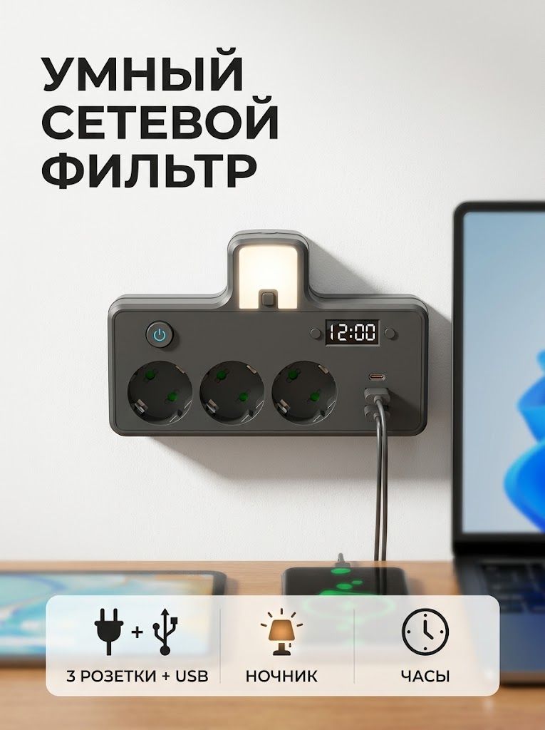 Многофункциональный USB-адаптер питания со встроенными светодиодными часами