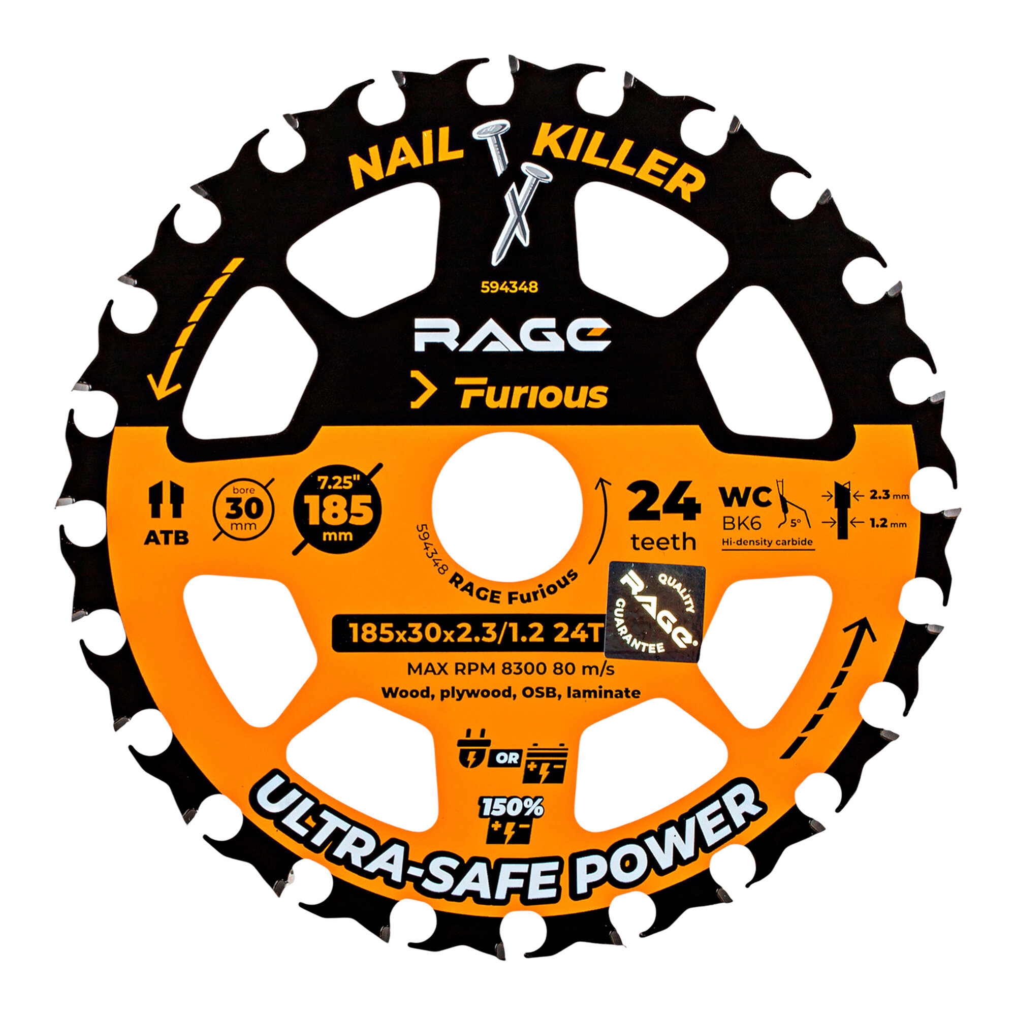 RAGE Диск пильный NAIL KILLER 185 мм (7 1/4”) Z24 посадка 30+20+16 Furious 594348