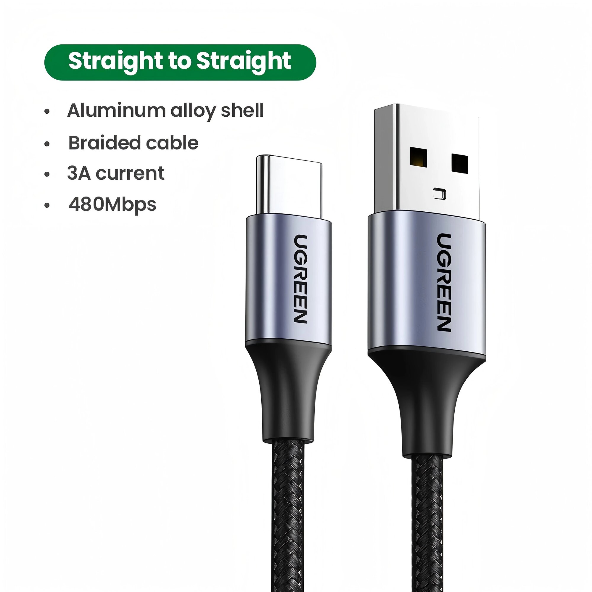 Кабель UGREEN USB-A - Type-C, 0.25м, 3A, 480Mbps, серый