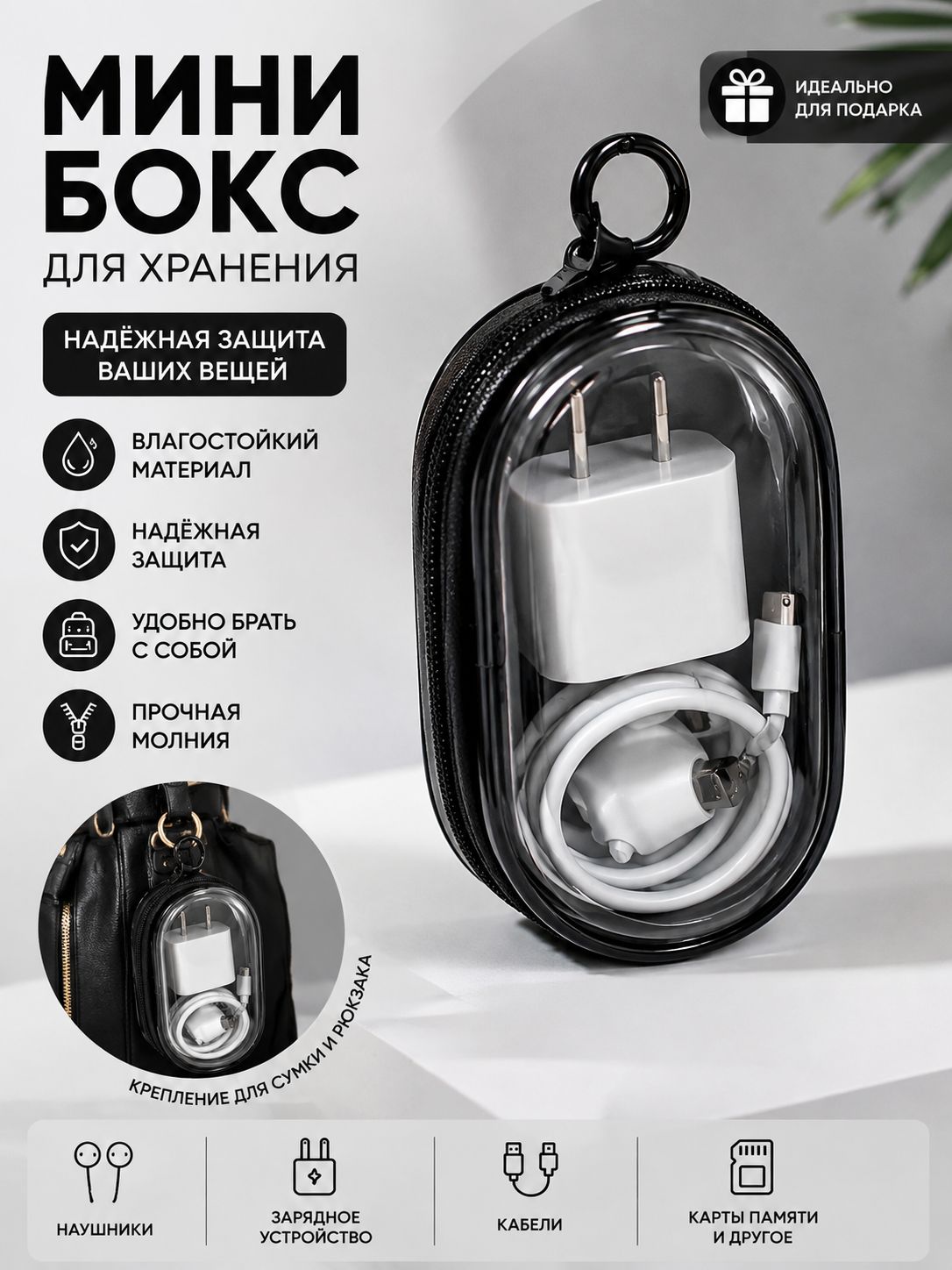 Кофр для хранения вещей 10.7x7.2x4 см 1 шт с крышкой черный