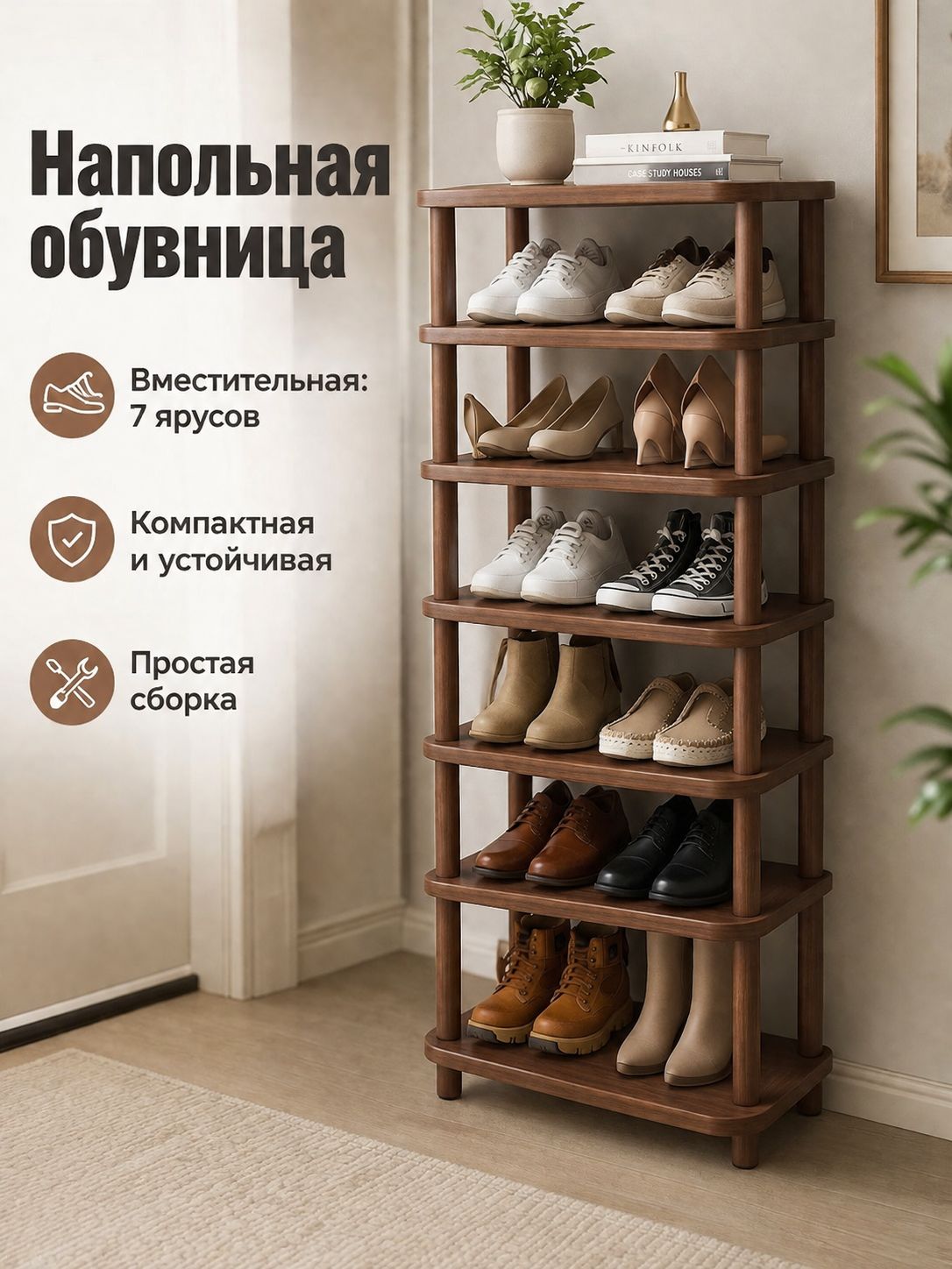 Напольная обувница, 5 полок, цвет орех, 48x24x96 см широкая этажерка для обуви