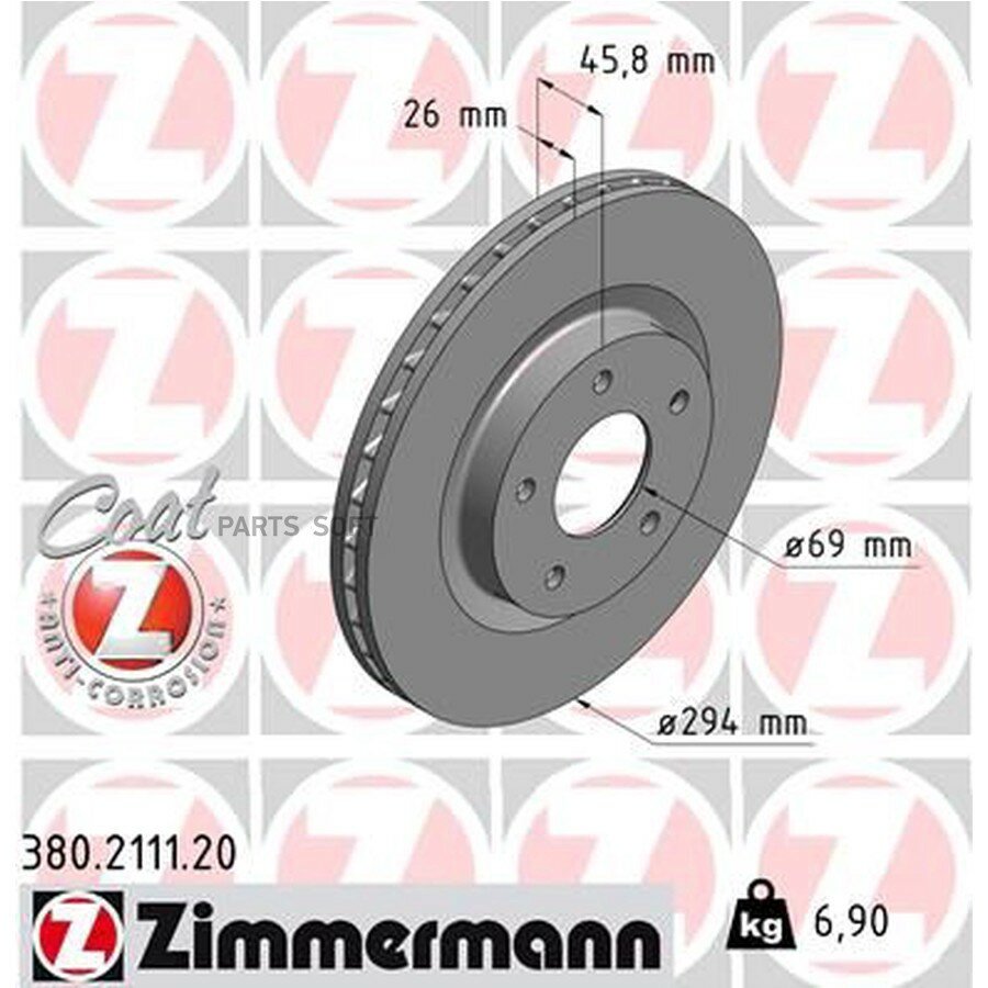 ZIMMERMANN 380211120 380.2111.20 диск тормозной ! перед. 294x26/46-5x114 \ Chrysler Sebring/Caliber, Jeep Compass/Patriot