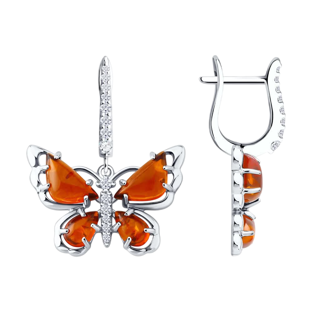 Серьги, серебро, 925 проба, родирование, янтарь, фианит