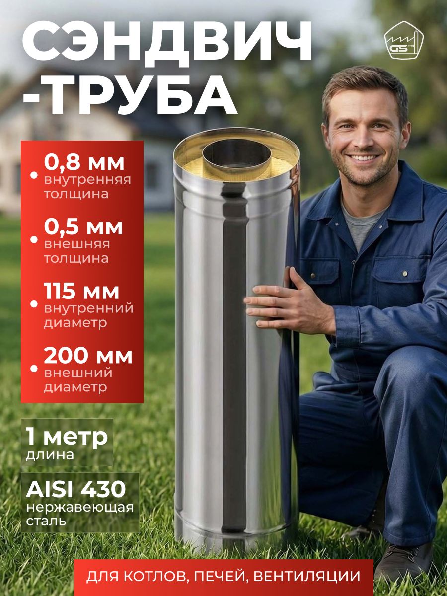 Сэндвич-труба для дымохода 1,0м, 115х200, AISI 430/430, 0,8мм/0,5мм, (К)