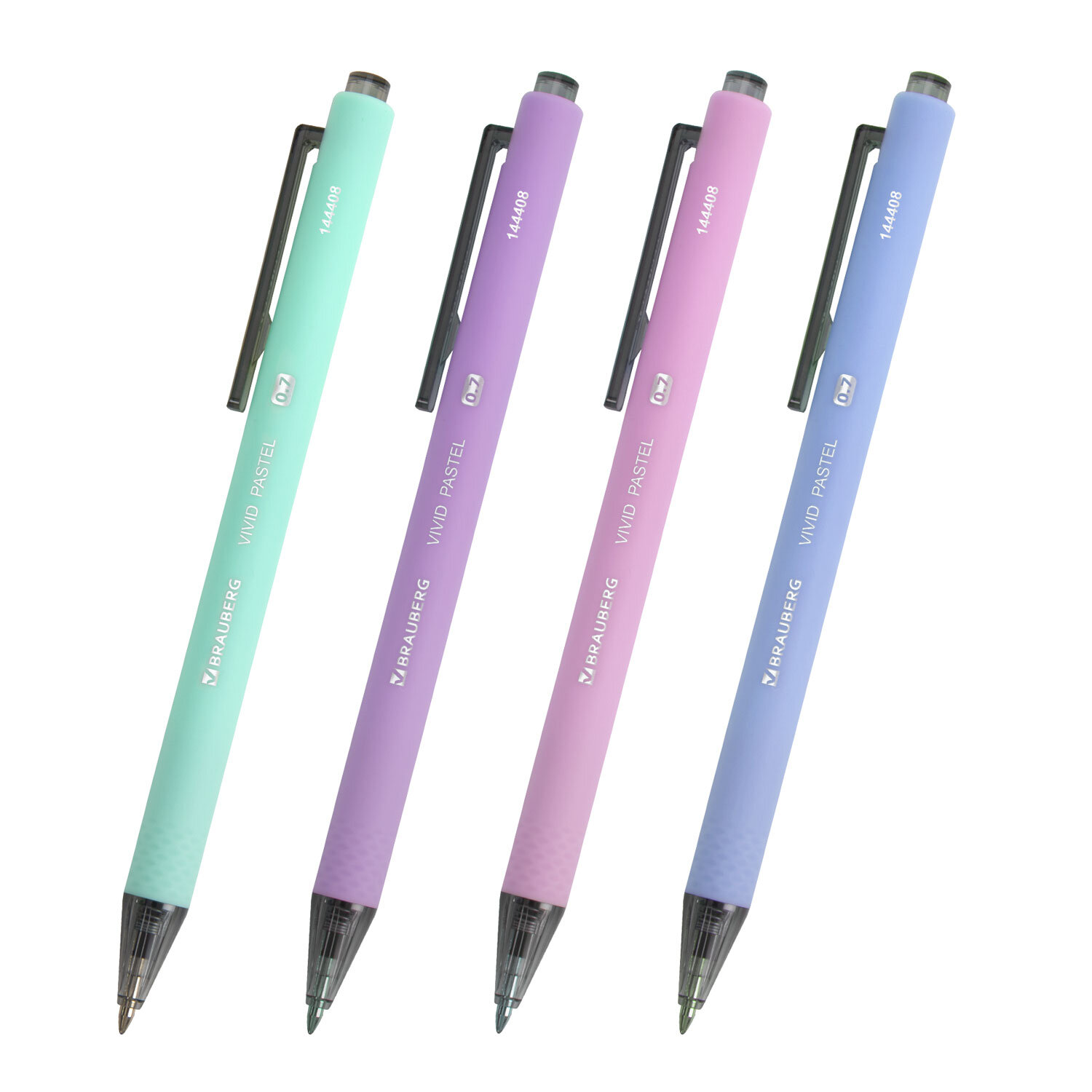 Упаковка 6 шт. Ручки шариковые автоматические BRAUBERG "VIVID PASTEL", синие, набор 4 штуки, soft-touch, пишущий узел 0,7 мм, линия письма 0,35 мм, 144408