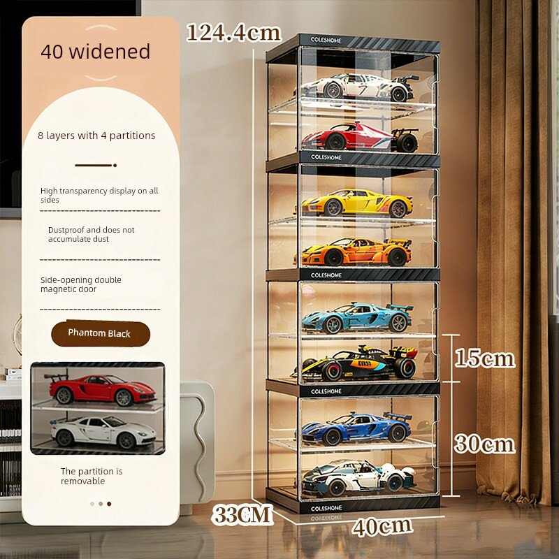 Стойка для модели с расширением на 1 колонку, 8 уровней, черный цвет, утолщенные полки, съемные перегородки