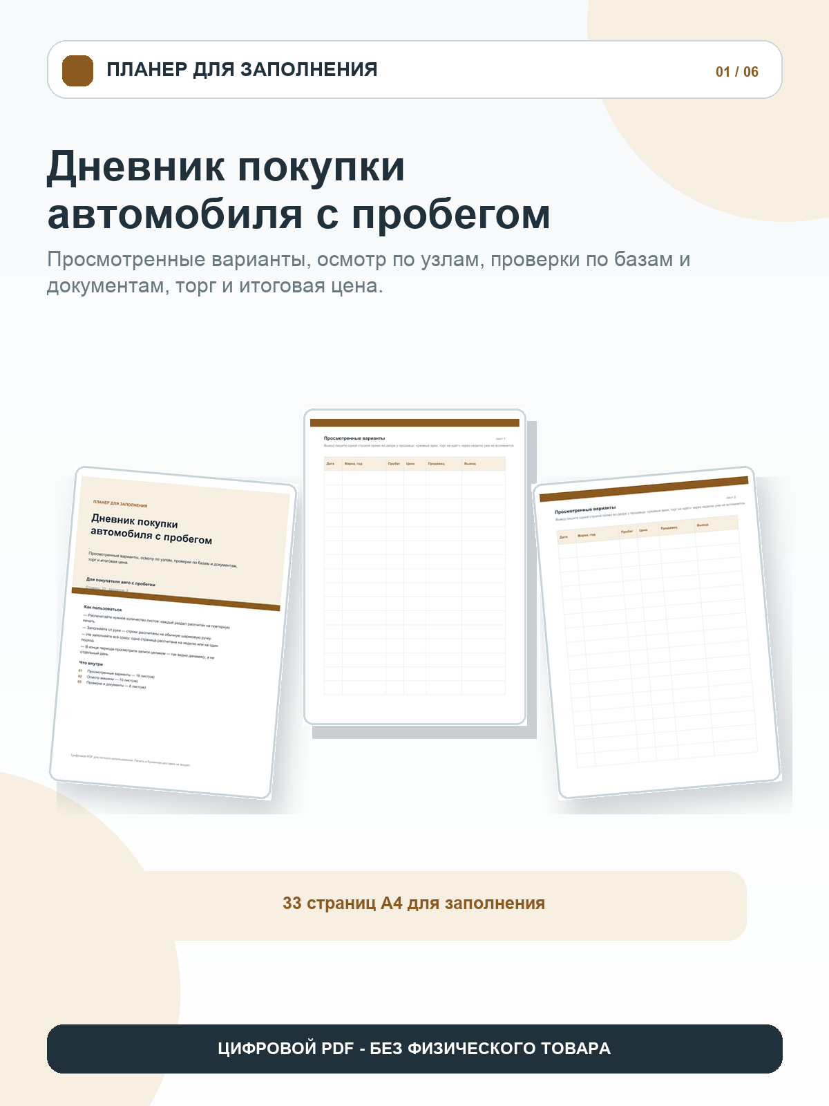 Дневник покупки автомобиля с пробегом: просмотренные варианты, осмотр по узлам, проверки по базам и документам, торг и, цифровой PDF A4, 33 страницы