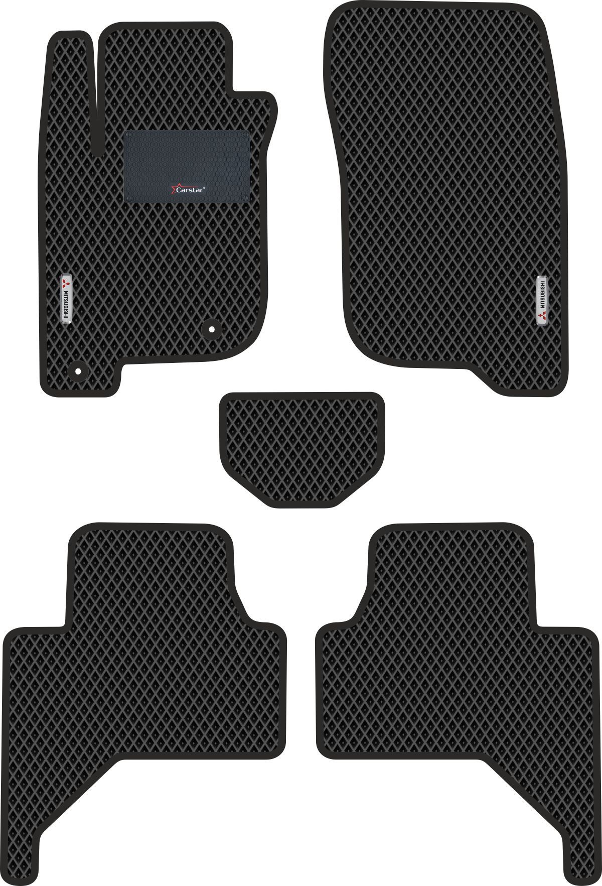 Автомобильные коврики EVA для Mitsubishi L 200 V (2015->), с каучуковым подпятником и 2 эмблемами Mitsubishi, чёрные с чёрным кантом, ячейка - ромб