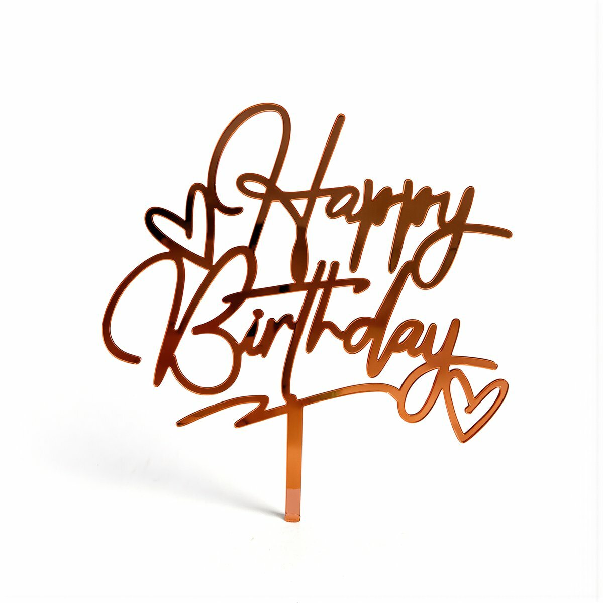Акриловый топпер для праздничного торта золотой с надписью Happy Birthday два сердечка ширина 11 см, розовое золото