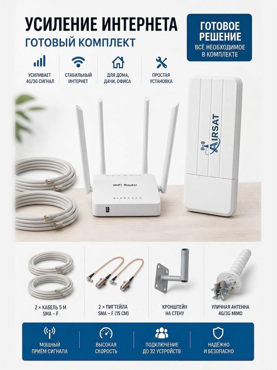 Комплект Интернета РД 17 - 4G модем + WiFi Роутер + Антенна Mimo для Дома и Дачи