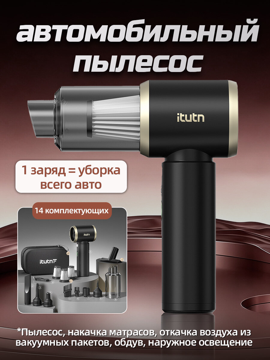 Пылесос автомобильный беспроводной Y8MAX 18000Pa мощный ручной пылесос для авто и дома, 100Вт бесщёточный мотор, аккумулятор 6000мАч, 6 в 1: всасывание, выдув, подкачка, подсветка ITUTN