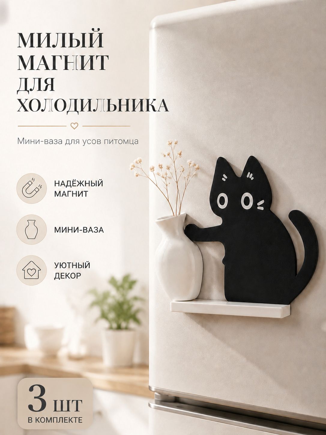 Магнитный холодильник с котёнком и вазой для хранения кошачьих усов