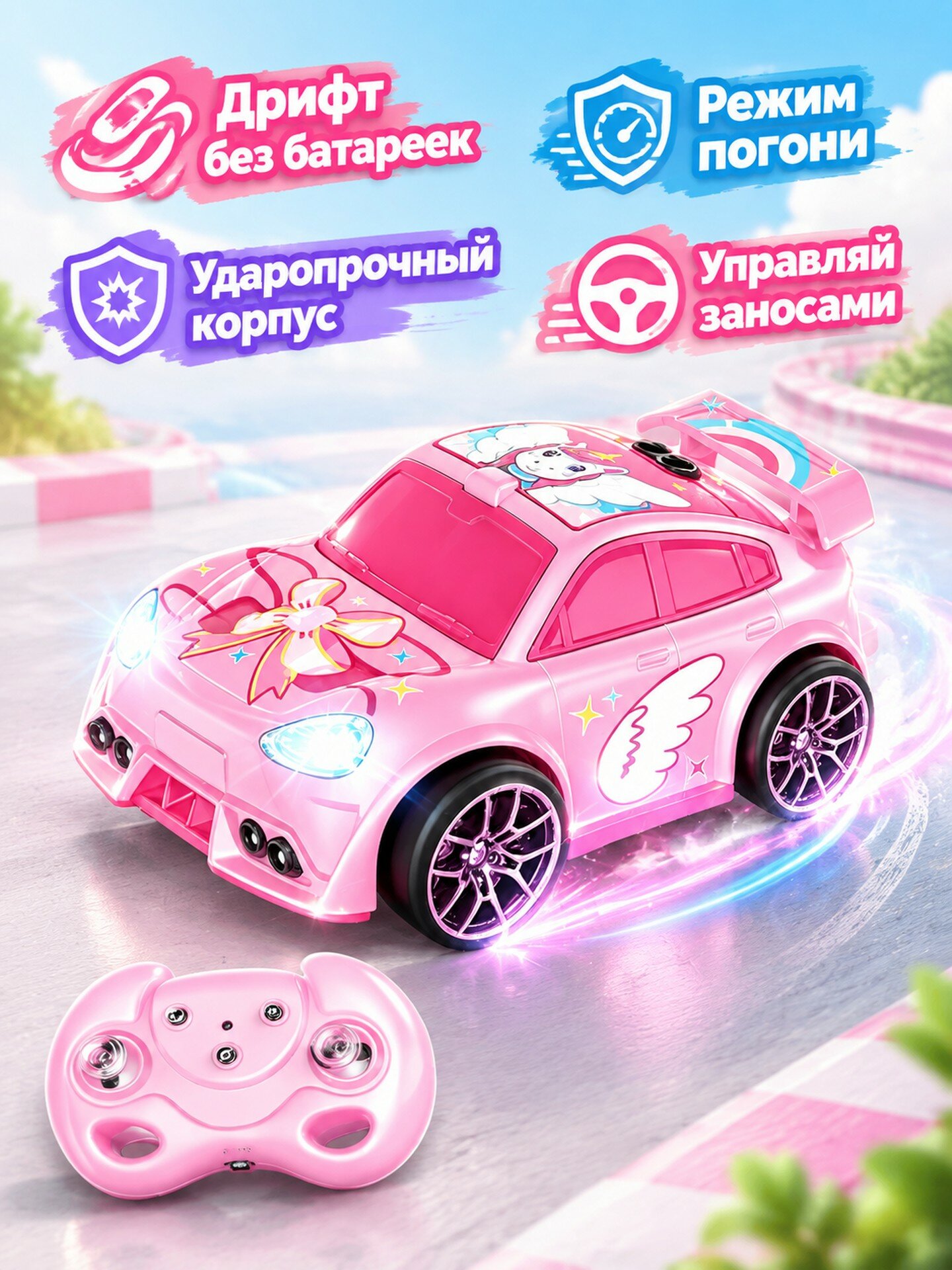 Радиоуправляемая дрифт-машина с аккумулятором и режимом следования, розовый