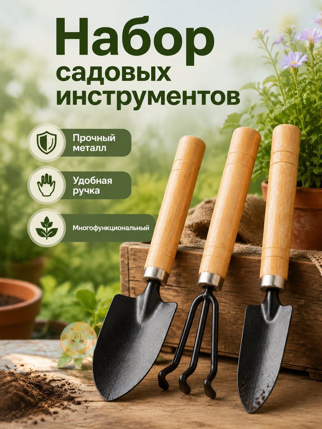 Набор садовых инструментов для рыхления почвы и посадки растений, 3 предмета: совок, рыхлитель и лопатка