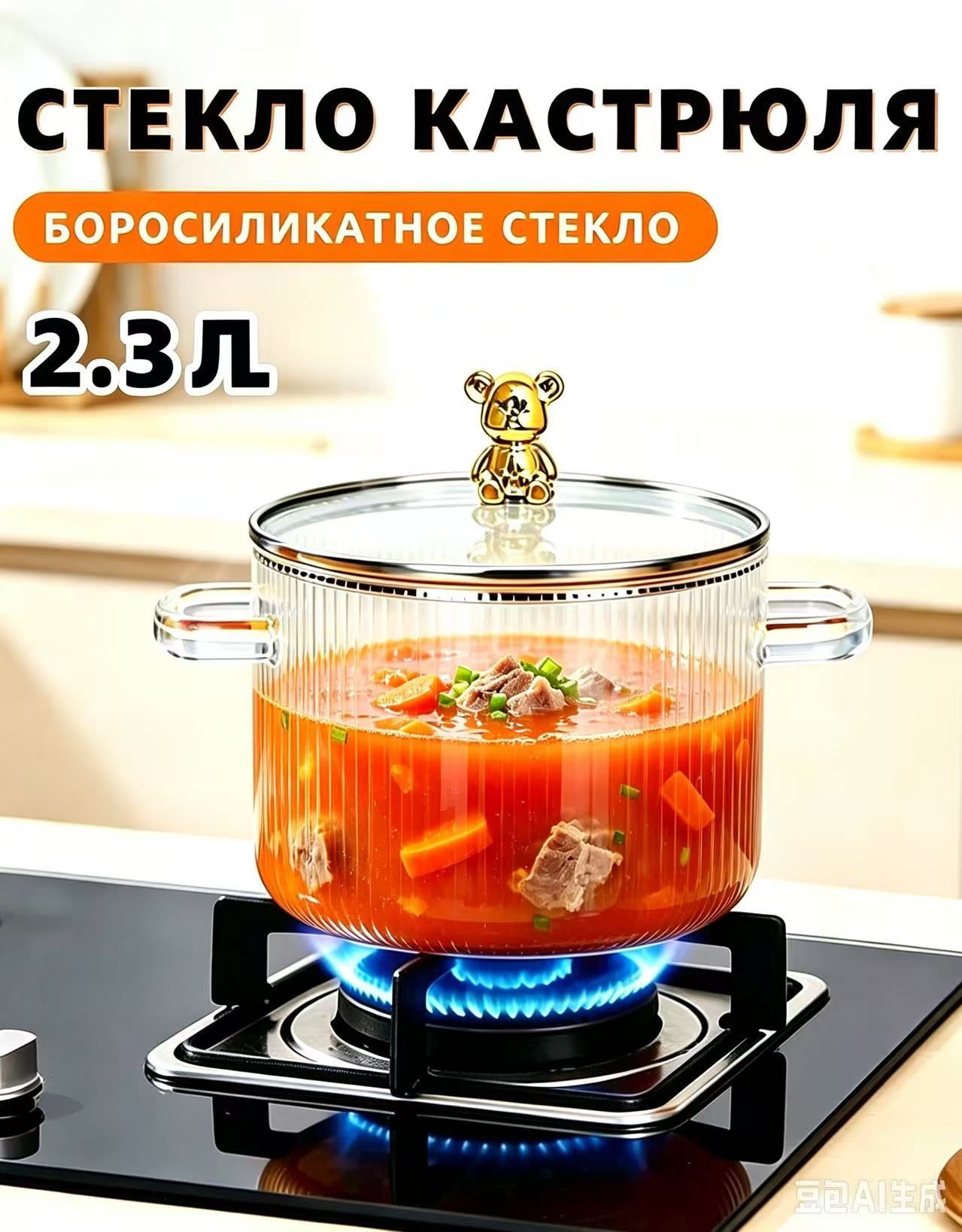 Кастрюля из боросиликатного стекла 16 см 2,3 л с крышкой для плиты духовки микроволновки прозрачная жаропрочная 1 шт