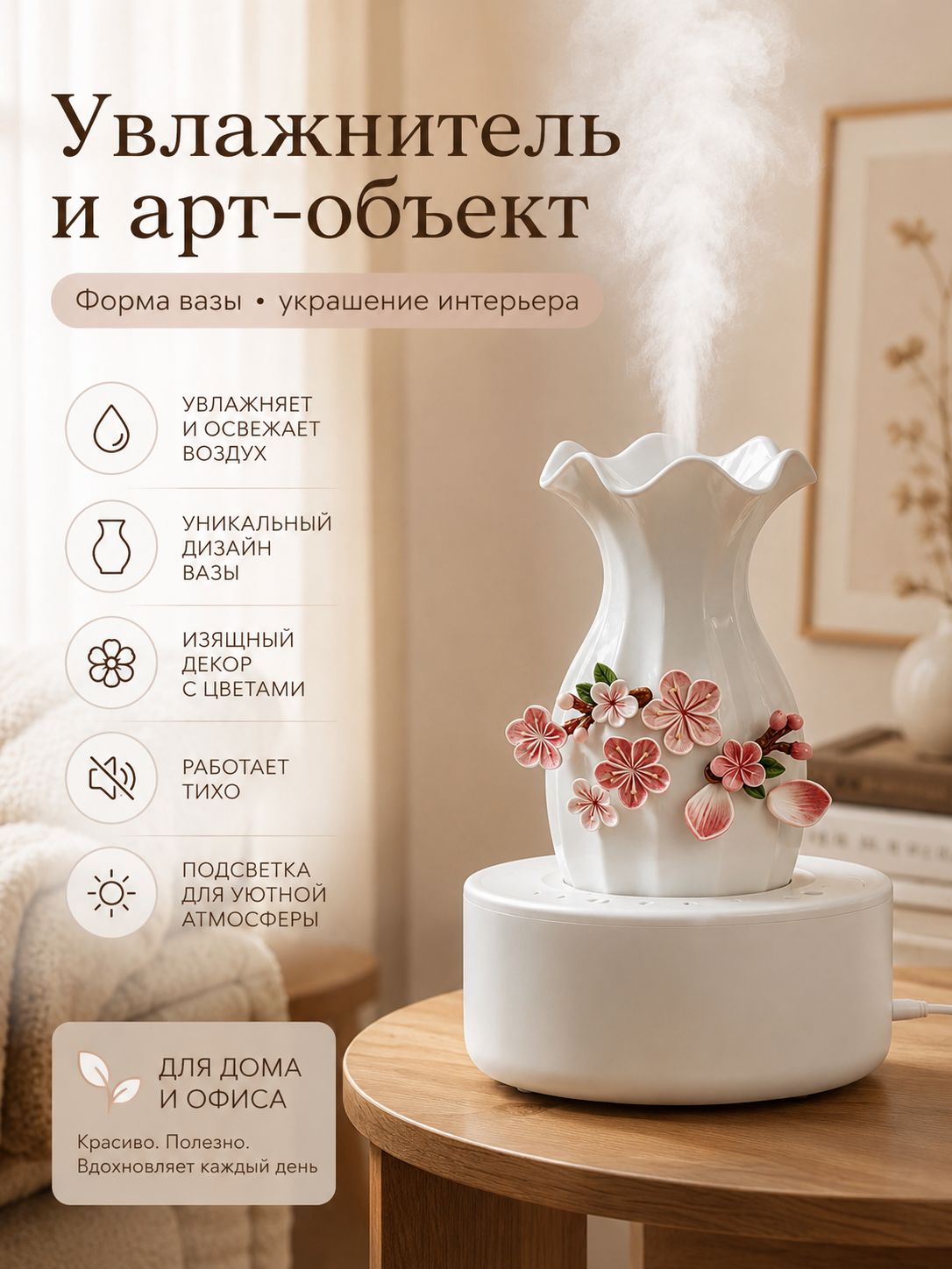 Увлажнитель воздуха арт-объект, дизайн вазы с цветами, ночная подсветка, украшение интерьера