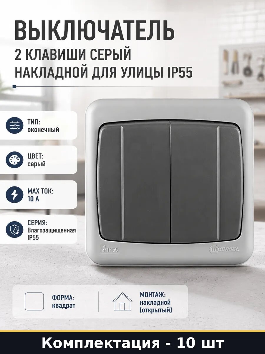 Выключатель накладной двухклавишный для сырых мест 10А 10 шт