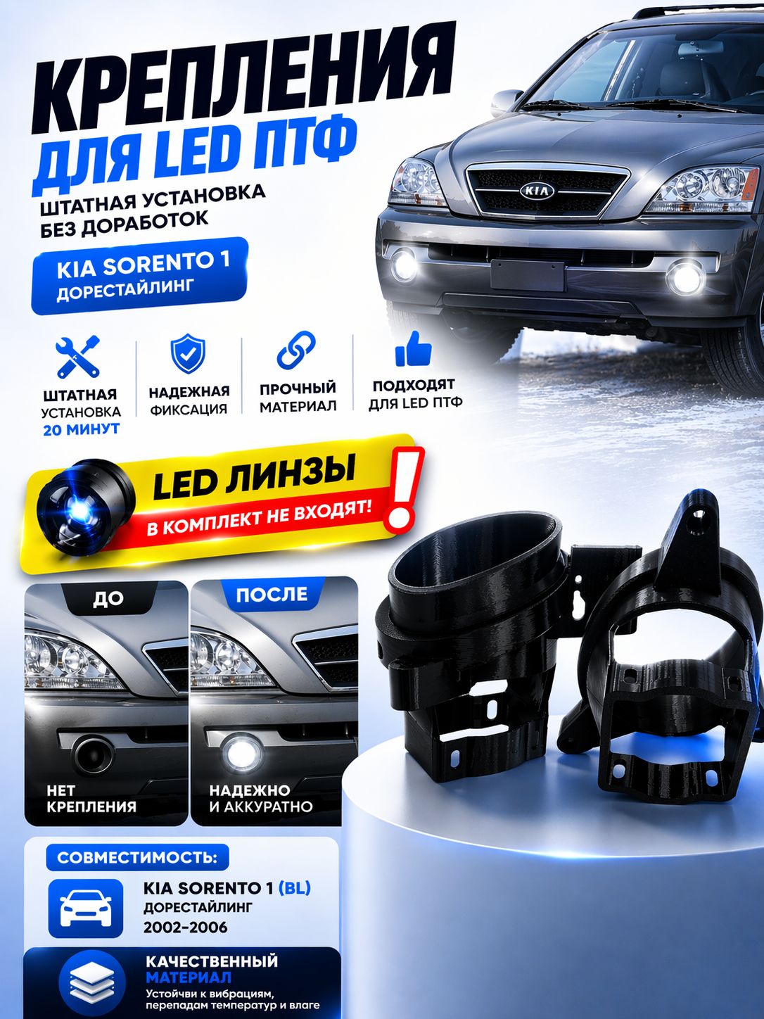 Крепление LED/лазерных противотуманных фар для Kia Sorento 1 дорестайл Bl