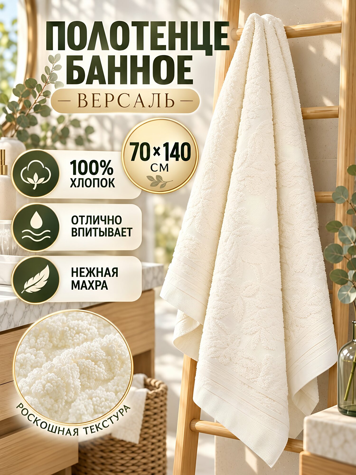 Полотенце банное «Версаль», 70х140 см, махровое, хлопок, белое