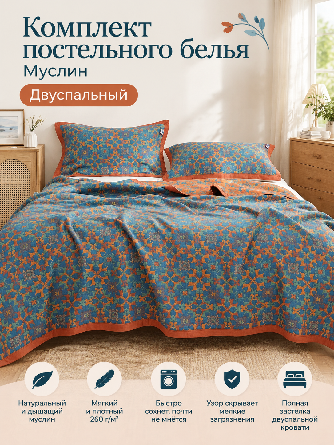 Комплект постельного белья муслин, двуспальный, евро простыня 240х250 см, синий орнамент