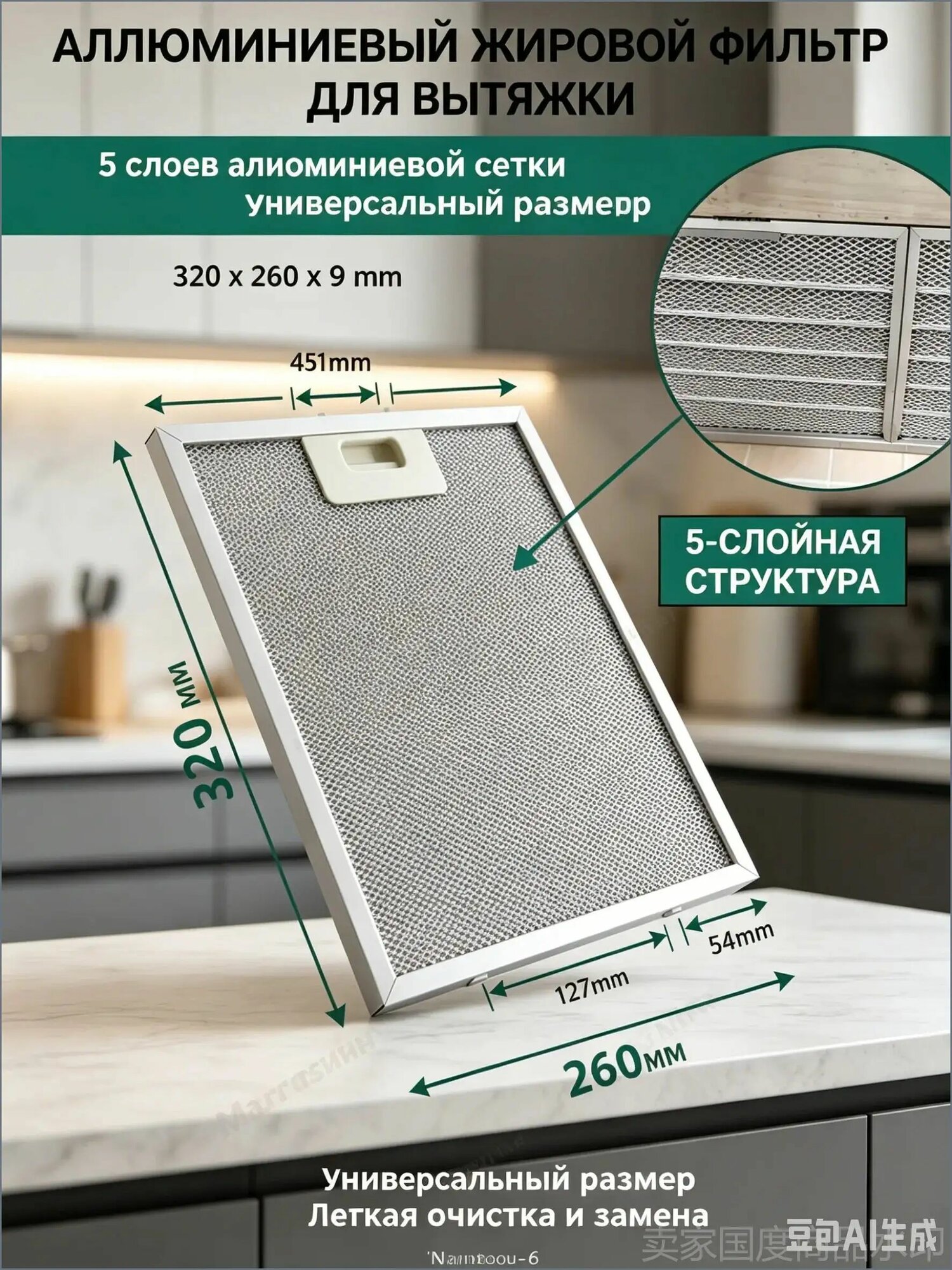Жировой фильтр для вытяжки алюминиевый 320х260х9 мм, пятислойная универсальная сетка-решетка против жира и запахов, сменный картридж для кухонной вытяжки
