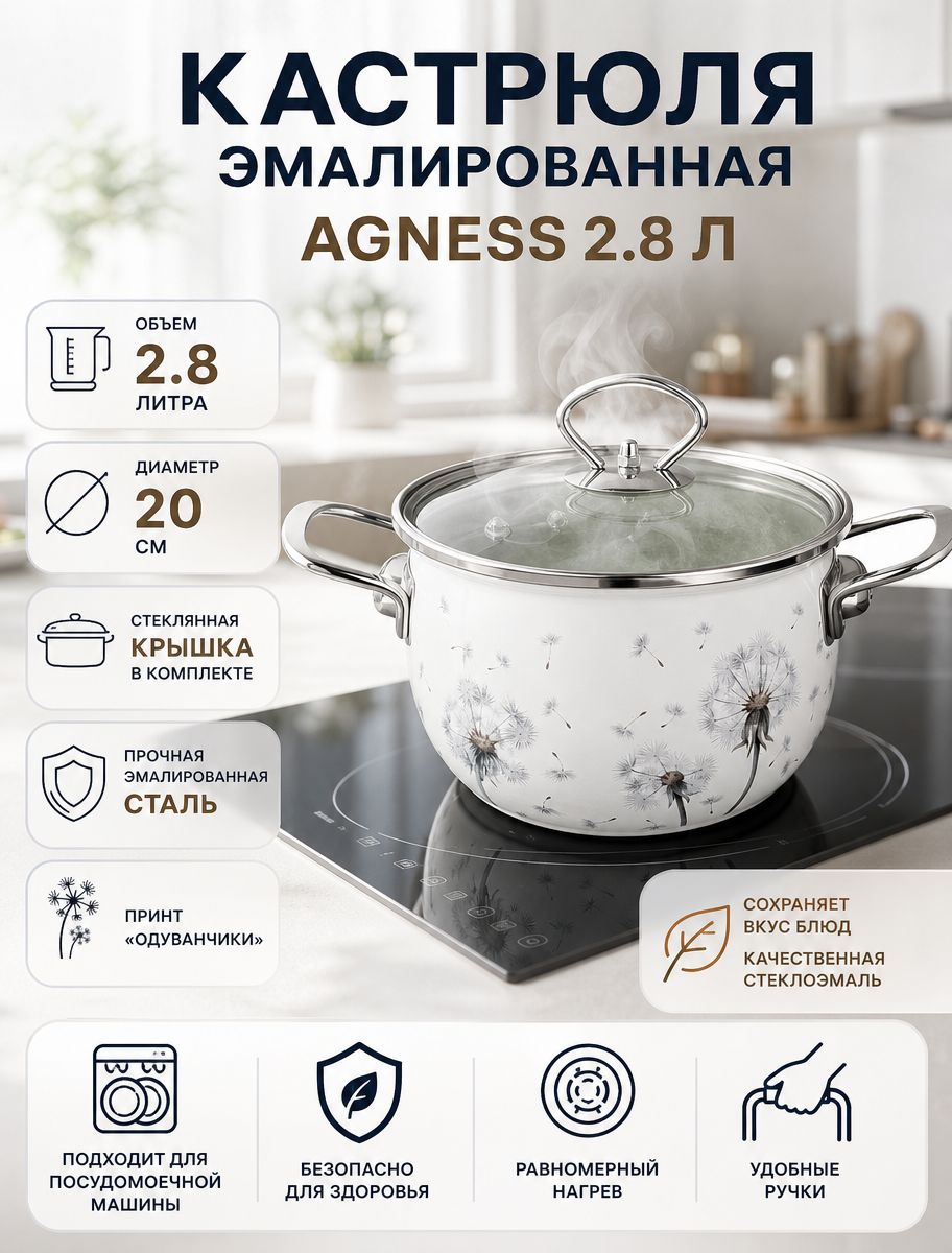 Кастрюля эмалированная с крышкой AGNESS DANDELION 2.8 л, 20 см, для всех типов плит и индукции