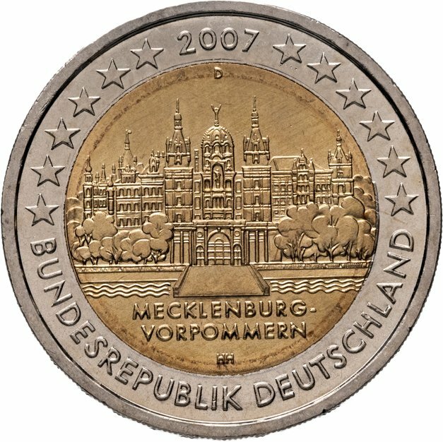 Германия 2 евро euro 2007 "Федеральные земли Германии: Мекленбург - Передняя Померания" знак монетного двора "D" - Мюнхен, Биметалл, в сохранности UNC