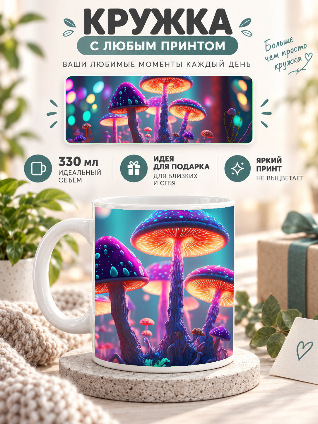 Кружка керамическая 330 мл белая с принтом Neon Mushrooms, для чая и кофе