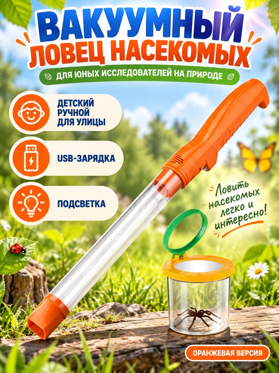 Вакуумный ловец насекомых детский, с подсветкой и USB зарядкой, для изучения природы на улице